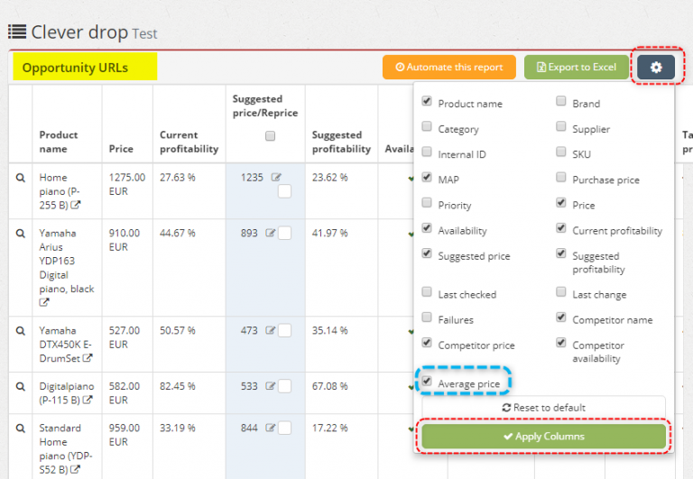 Average price column introduced in three sections