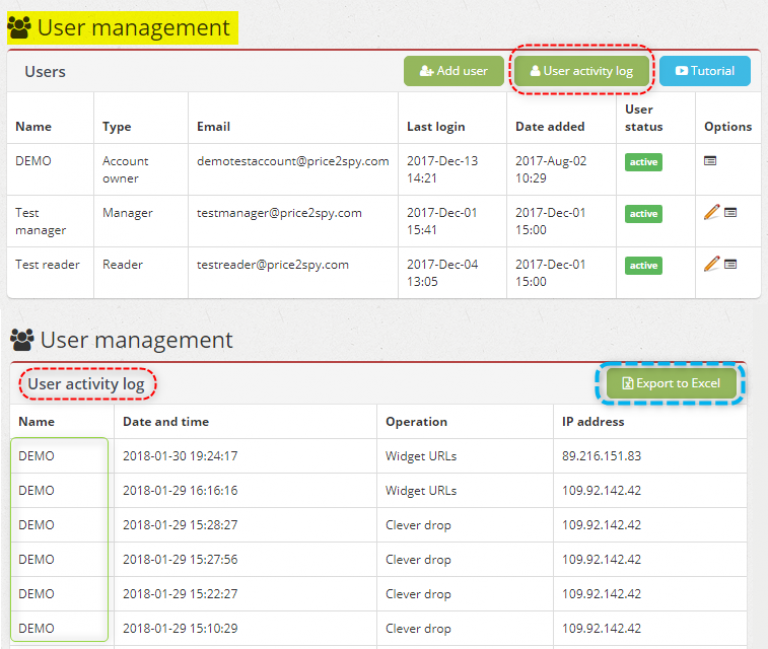 Price2Spy enables users with Admin privileges to explore User activity log